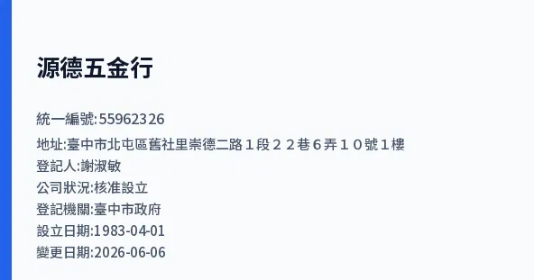 源德五金行的照片-統編 55962326(臺中市) 公司登記資料與營業項目詳細圖表