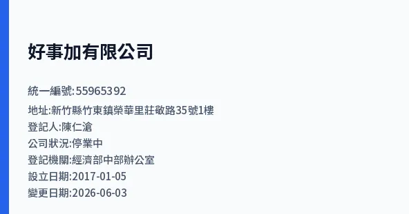 好事加有限公司的照片-統編 55965392(新竹縣) 公司登記資料與營業項目詳細圖表