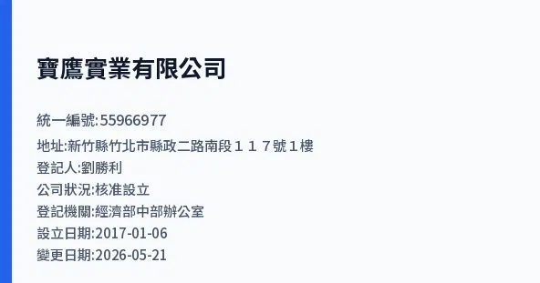 寶鷹實業有限公司的照片-統編 55966977(新竹縣) 公司登記資料與營業項目詳細圖表