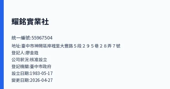 耀銘實業社的照片-統編 55967504(臺中市) 公司登記資料與營業項目詳細圖表