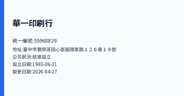 華一印刷行的照片-統編 55968829(臺中市) 公司登記資料與營業項目詳細圖表