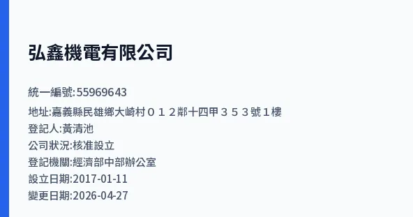 弘鑫機電有限公司的照片-統編 55969643(嘉義縣) 公司登記資料與營業項目詳細圖表