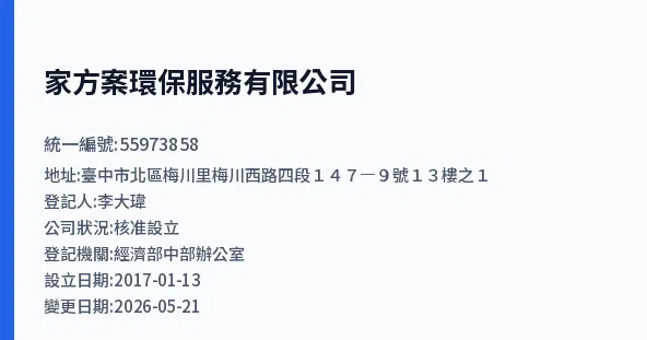 家方案環保服務有限公司的照片-統編 55973858(臺中市) 公司登記資料與營業項目詳細圖表