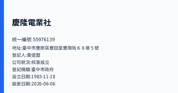 慶隆電業社的照片-統編 55976139(臺中市) 公司登記資料與營業項目詳細圖表