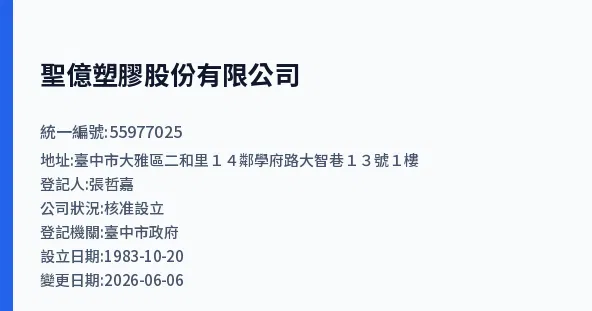 聖億塑膠股份有限公司的照片-統編 55977025(臺中市) 公司登記資料與營業項目詳細圖表