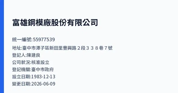 富雄鋼模廠股份有限公司的照片-統編 55977539(臺中市) 公司登記資料與營業項目詳細圖表