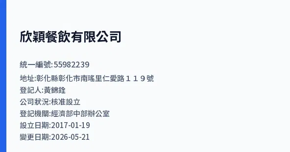 欣穎餐飲有限公司的照片-統編 55982239(彰化縣) 公司登記資料與營業項目詳細圖表
