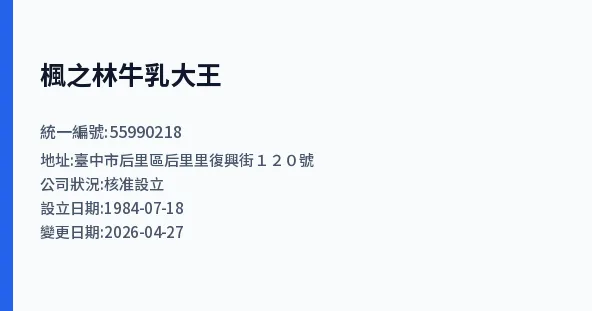 楓之林牛乳大王的照片-統編 55990218(臺中市) 公司登記資料與營業項目詳細圖表