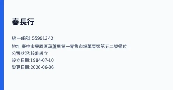 春長行的照片-統編 55991342(臺中市) 公司登記資料與營業項目詳細圖表