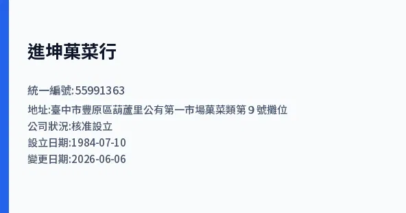 進坤菓菜行的照片-統編 55991363(臺中市) 公司登記資料與營業項目詳細圖表