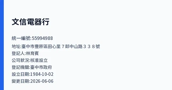 文信電器行的照片-統編 55994988(臺中市) 公司登記資料與營業項目詳細圖表