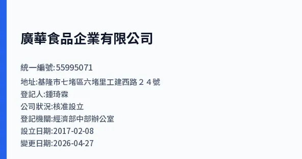 廣華食品企業有限公司的照片-統編 55995071(基隆市) 公司登記資料與營業項目詳細圖表