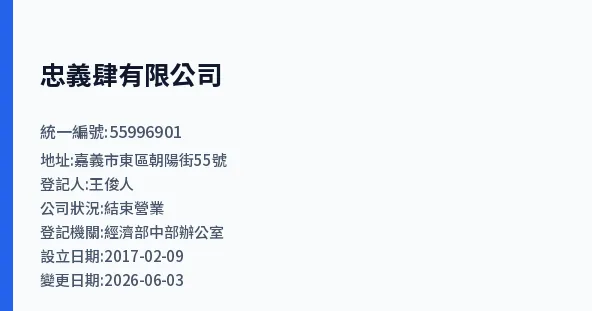 忠義肆有限公司的照片-統編 55996901(嘉義市) 公司登記資料與營業項目詳細圖表