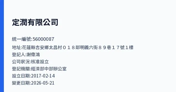定潤有限公司的照片-統編 56000087(花蓮縣) 公司登記資料與營業項目詳細圖表