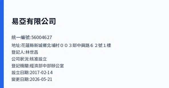 易亞有限公司的照片-統編 56004627(花蓮縣) 公司登記資料與營業項目詳細圖表