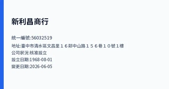 新利昌商行的照片-統編 56032519(臺中市) 公司登記資料與營業項目詳細圖表