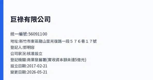 巨祿有限公司的照片-統編 56091100(新竹市) 公司登記資料與營業項目詳細圖表