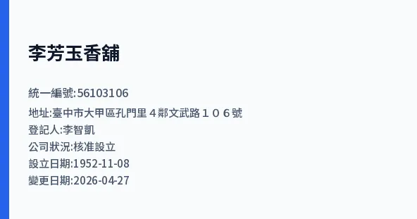 李芳玉香舖的照片-統編 56103106(臺中市) 公司登記資料與營業項目詳細圖表