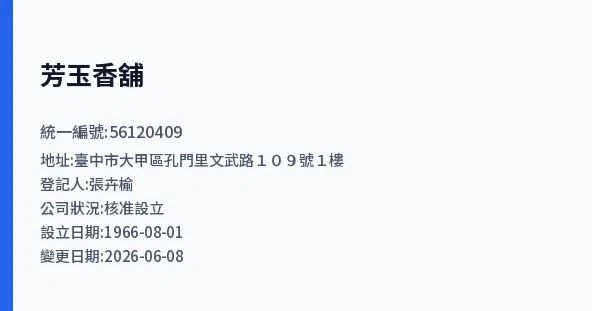 芳玉香舖的照片-統編 56120409(臺中市) 公司登記資料與營業項目詳細圖表