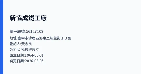 新協成鐵工廠的照片-統編 56127108(臺中市) 公司登記資料與營業項目詳細圖表
