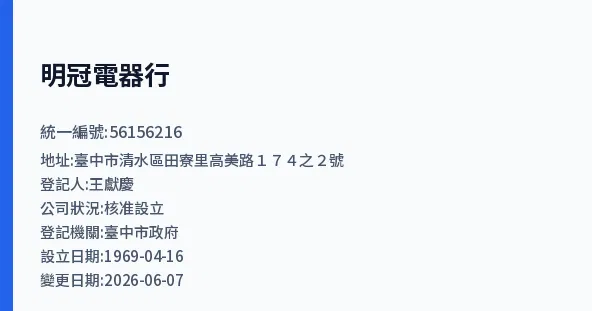 明冠電器行的照片-統編 56156216(臺中市) 公司登記資料與營業項目詳細圖表