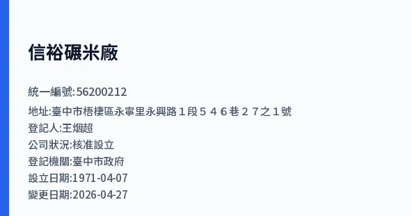 信裕碾米廠的照片-統編 56200212(臺中市) 公司登記資料與營業項目詳細圖表