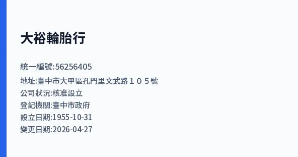 大裕輪胎行的照片-統編 56256405(臺中市) 公司登記資料與營業項目詳細圖表
