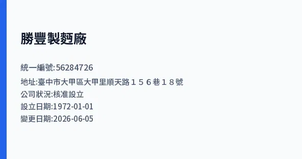 勝豐製麪廠的照片-統編 56284726(臺中市) 公司登記資料與營業項目詳細圖表