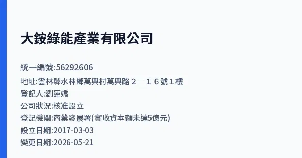 大銨綠能產業有限公司的照片-統編 56292606(雲林縣) 公司登記資料與營業項目詳細圖表