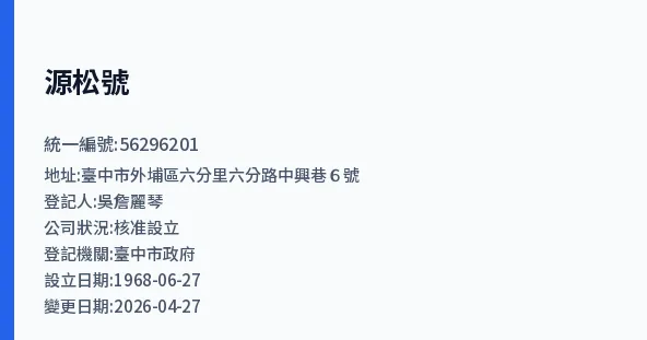 源松號的照片-統編 56296201(臺中市) 公司登記資料與營業項目詳細圖表