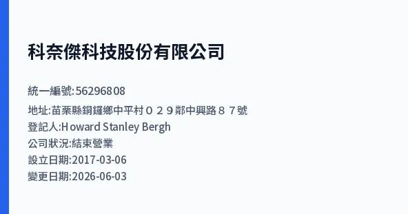 科奈傑科技股份有限公司的照片-統編 56296808(苗栗縣) 公司登記資料與營業項目詳細圖表