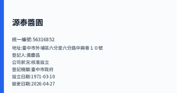 源泰醬園的照片-統編 56316852(臺中市) 公司登記資料與營業項目詳細圖表