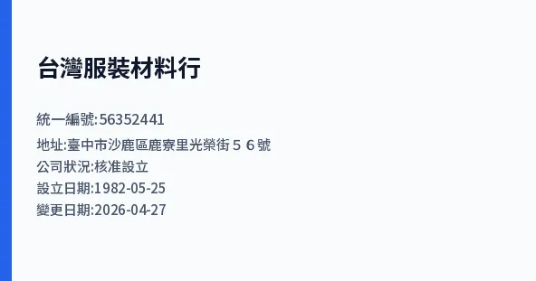 台灣服裝材料行的照片-統編 56352441(臺中市) 公司登記資料與營業項目詳細圖表