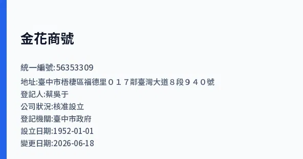 金花商號的照片-統編 56353309(臺中市) 公司登記資料與營業項目詳細圖表