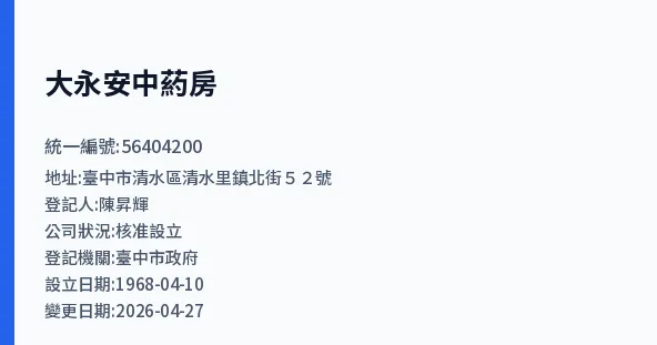大永安中葯房的照片-統編 56404200(臺中市) 公司登記資料與營業項目詳細圖表