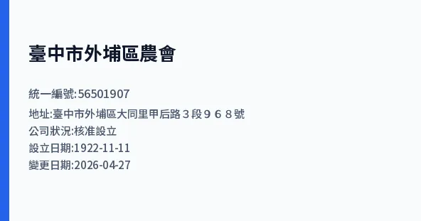 臺中市外埔區農會的照片-統編 56501907(臺中市) 公司登記資料與營業項目詳細圖表
