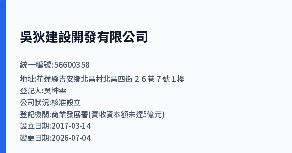 吳狄建設開發有限公司的照片-統編 56600358(花蓮縣) 公司登記資料與營業項目詳細圖表