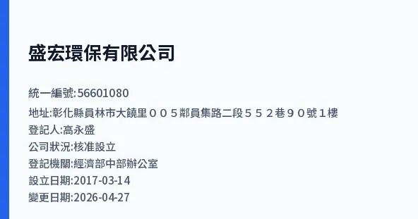 盛宏環保有限公司的照片-統編 56601080(彰化縣) 公司登記資料與營業項目詳細圖表