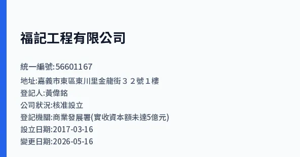 福記工程有限公司的照片-統編 56601167(嘉義市) 公司登記資料與營業項目詳細圖表