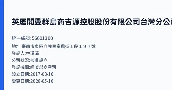 英屬開曼群島商吉源控股股份有限公司台灣分公司的照片-統編 56601390(臺南市) 公司登記資料與營業項目詳細圖表
