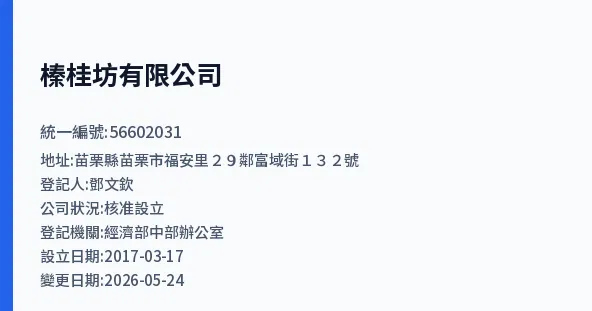 榛桂坊有限公司的照片-統編 56602031(苗栗縣) 公司登記資料與營業項目詳細圖表
