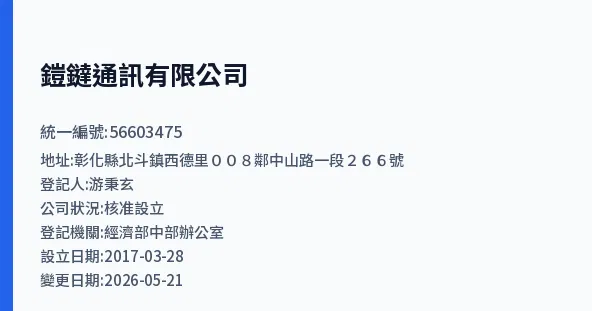 鎧鐽通訊有限公司的照片-統編 56603475(彰化縣) 公司登記資料與營業項目詳細圖表