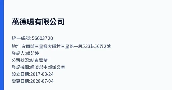 萬德暘有限公司的照片-統編 56603720(宜蘭縣) 公司登記資料與營業項目詳細圖表