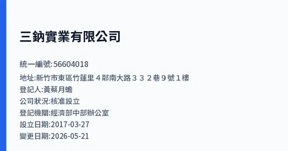 三鈉實業有限公司的照片-統編 56604018(新竹市) 公司登記資料與營業項目詳細圖表