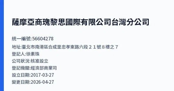 薩摩亞商瑰黎思國際有限公司台灣分公司的照片-統編 56604278(臺北市) 公司登記資料與營業項目詳細圖表