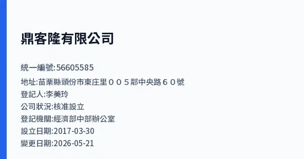 鼎客隆有限公司的照片-統編 56605585(苗栗縣) 公司登記資料與營業項目詳細圖表