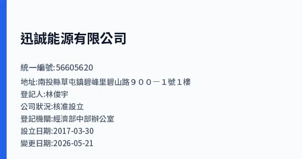 迅誠能源有限公司的照片-統編 56605620(南投縣) 公司登記資料與營業項目詳細圖表