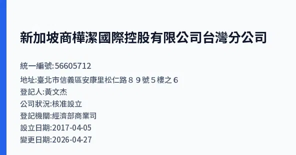 新加坡商樺潔國際控股有限公司台灣分公司的照片-統編 56605712(臺北市) 公司登記資料與營業項目詳細圖表