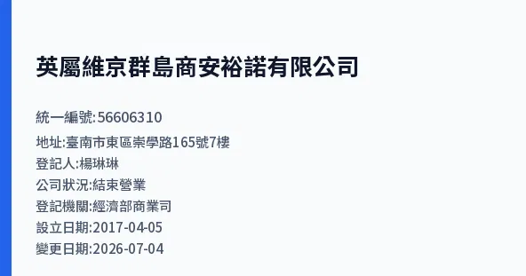 英屬維京群島商安裕諾有限公司的照片-統編 56606310(臺南市) 公司登記資料與營業項目詳細圖表