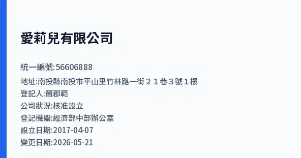 愛莉兒有限公司的照片-統編 56606888(南投縣) 公司登記資料與營業項目詳細圖表